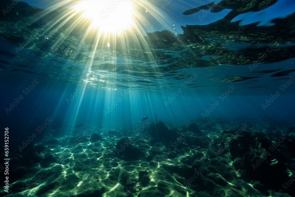 An underwater scene with sunlight streaming down through the blue ocean ...