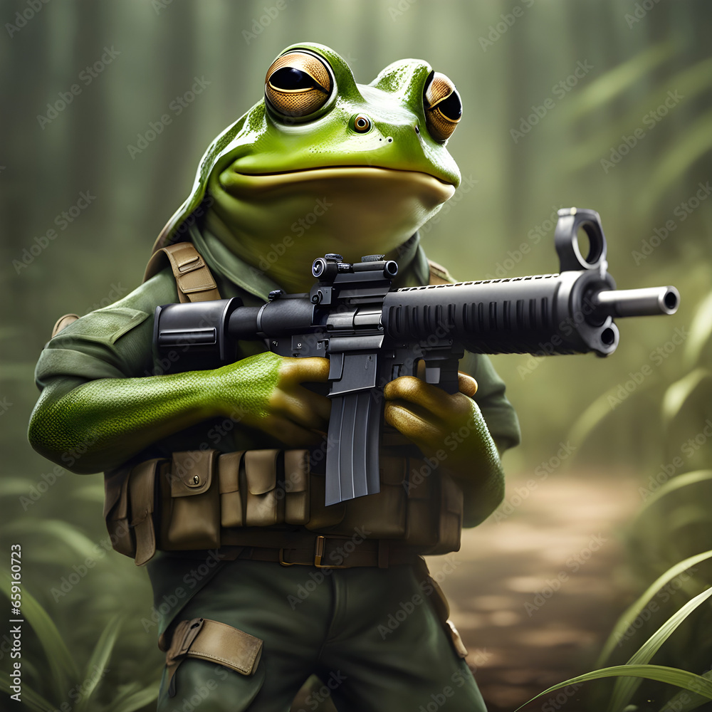 a realistic photo of a frog holding a gun, surgent frog , animated ...