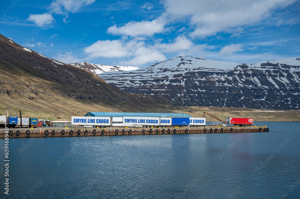 Cargo shipping container at the port harbor of Seydisfjordur, Iceland ...