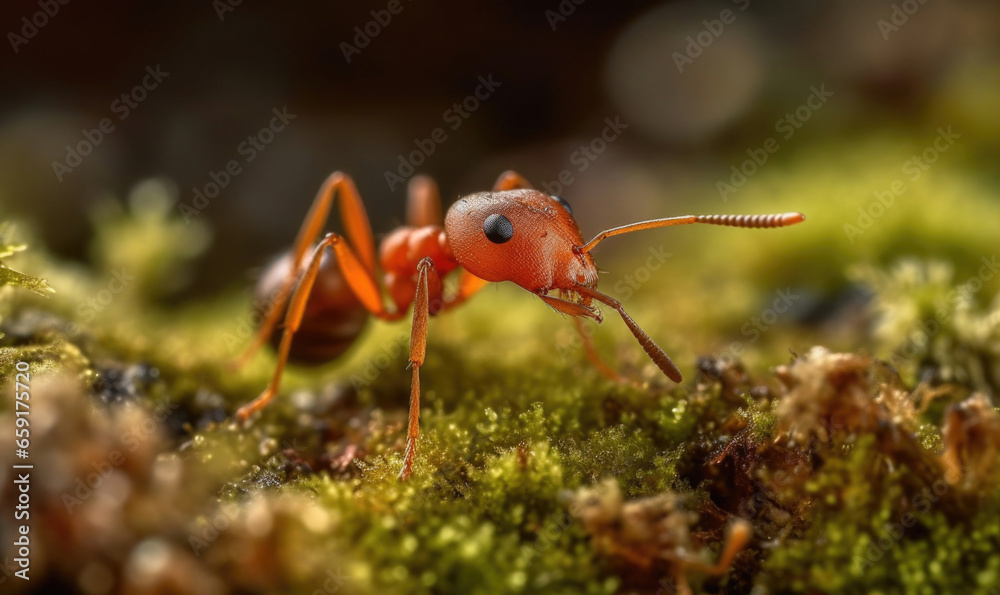 Generative AI illustration of side view of red ant with antennae and ...