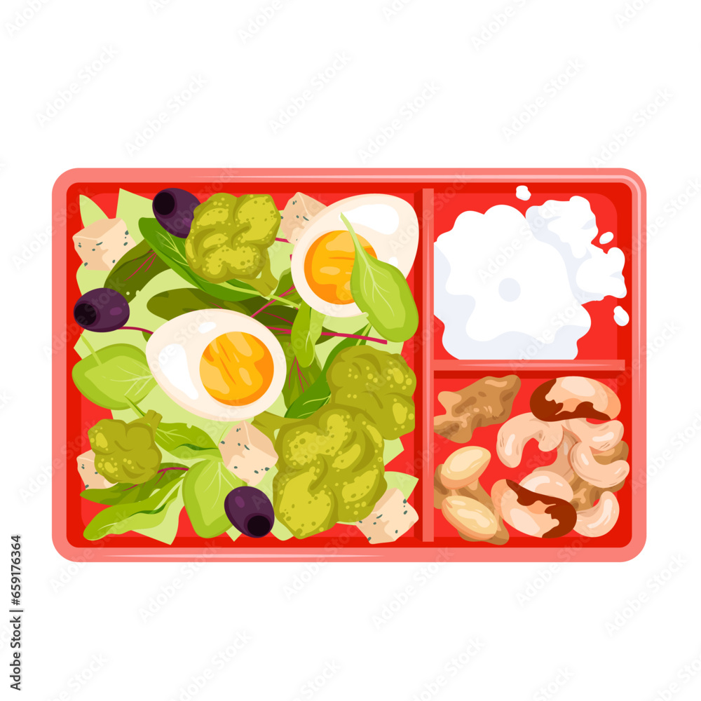 Lunch box vector illustration. Cartoon isolated top view of food in ...