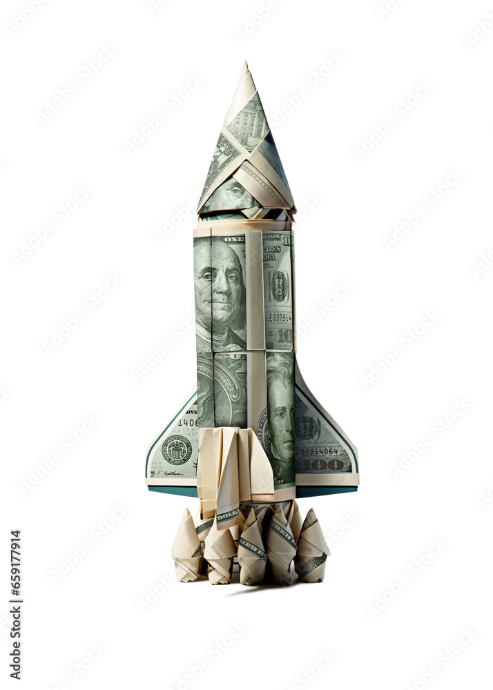 Launch of a Money rocket isolated on clear PNG background, made of ...