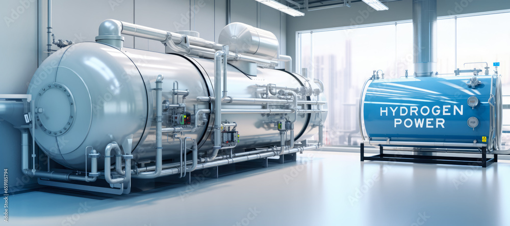 Interior of hydrogen production and processing plant, large storage ...