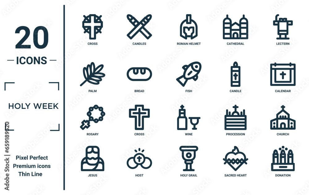 holy week linear icon set. includes thin line cross, palm, rosary ...