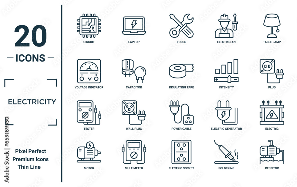 electricity linear icon set. includes thin line circuit, voltage ...