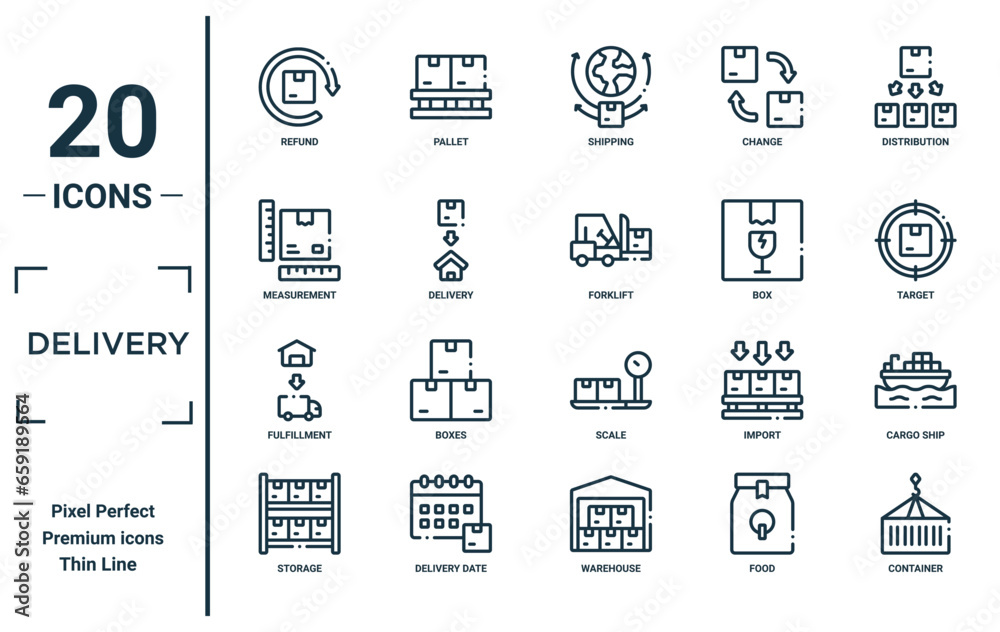 delivery linear icon set. includes thin line refund, measurement ...