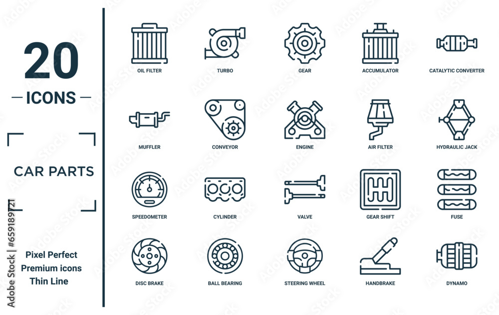 car parts linear icon set. includes thin line oil filter, muffler ...