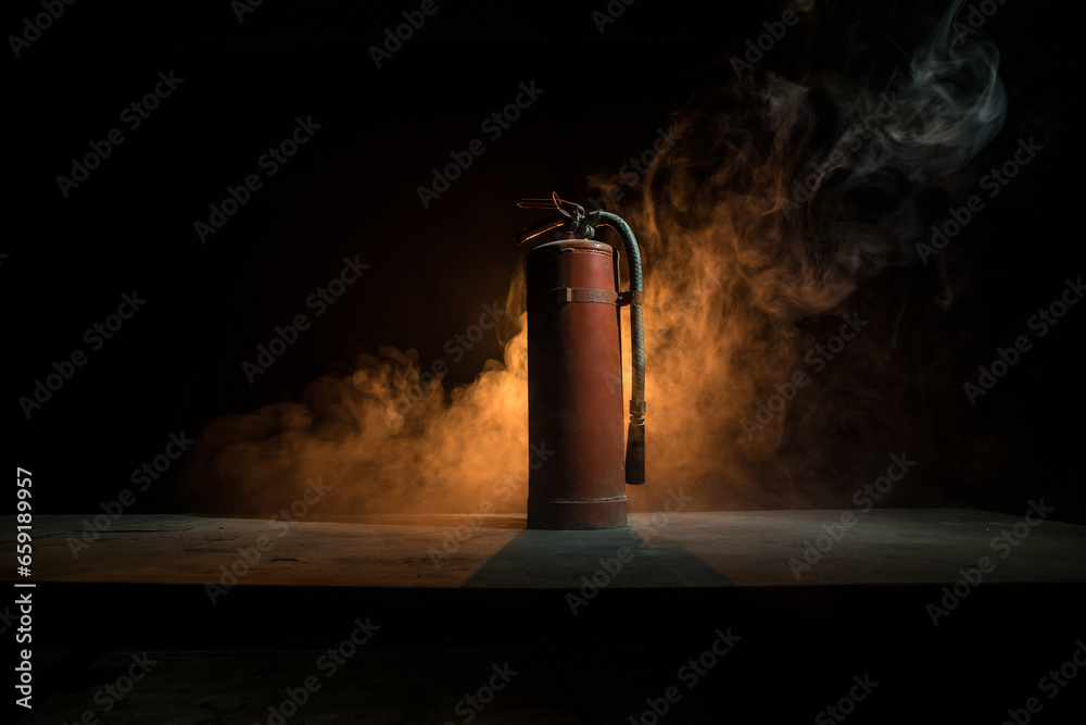 Fire extinguisher on dark background. Fire protection concept. Stock ...