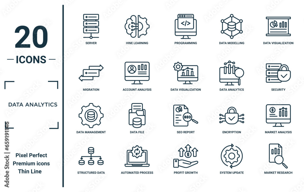 Vetor de data analytics linear icon set. includes thin line server, migration, data management ...