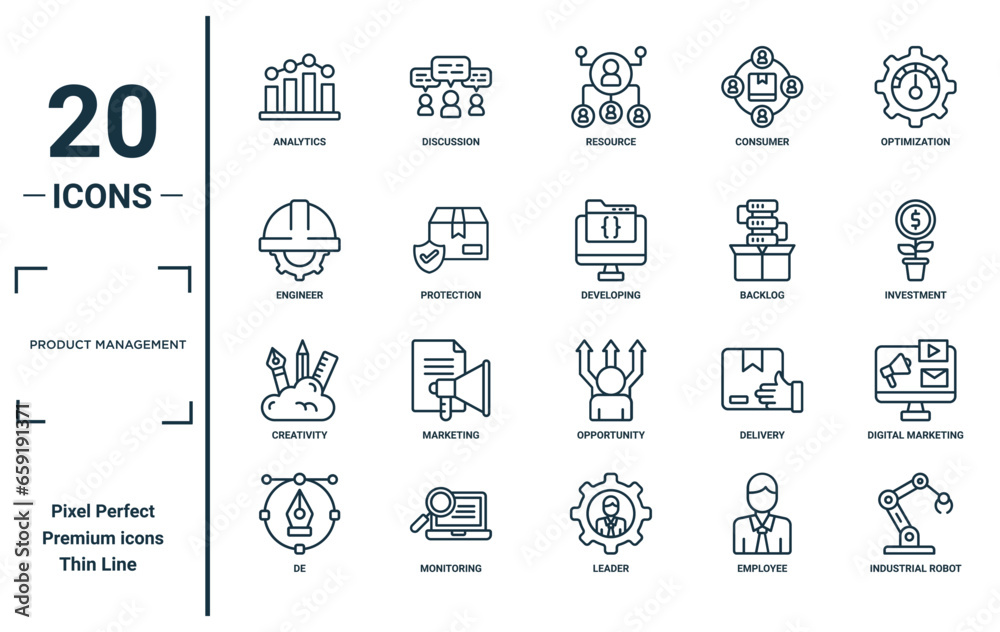 product management linear icon set. includes thin line analytics ...