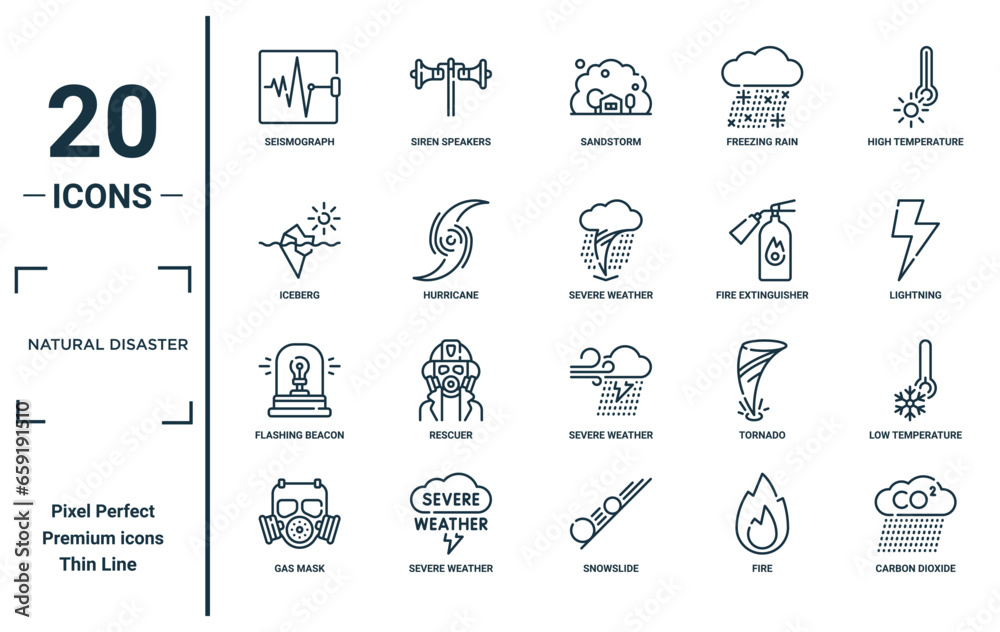 natural disaster linear icon set. includes thin line seismograph ...