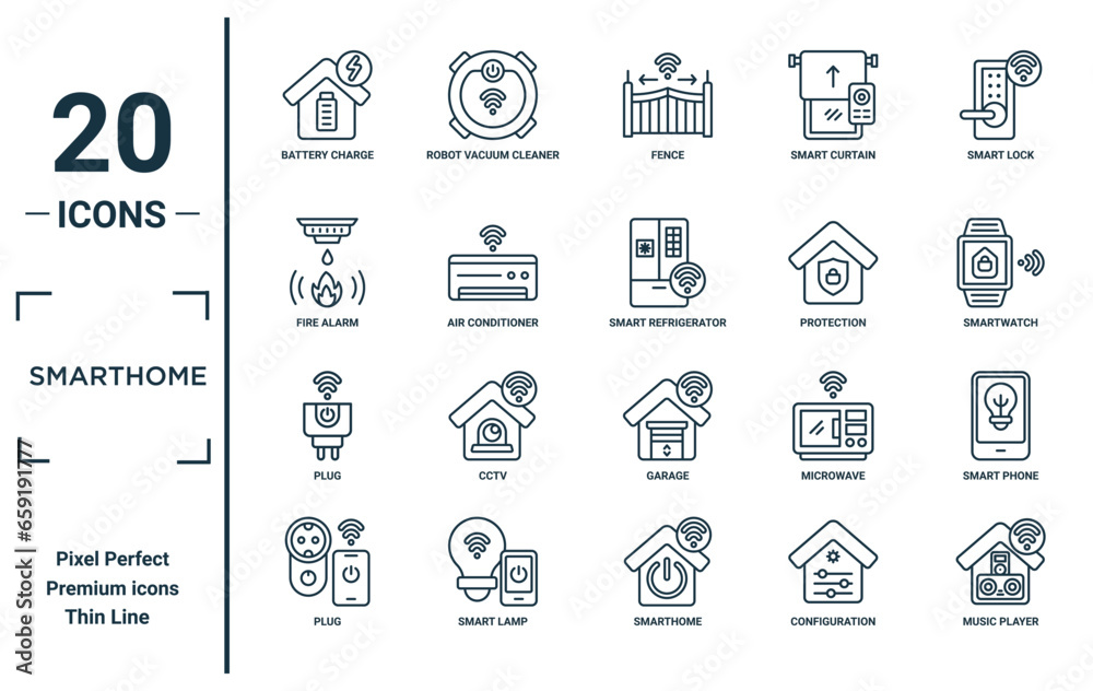 smarthome linear icon set. includes thin line battery charge, fire alarm, plug, plug, music ...