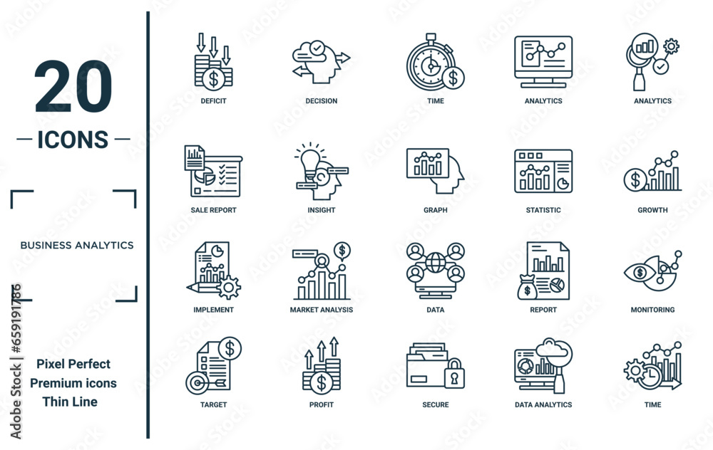 business analytics linear icon set. includes thin line deficit, sale report, implement, target ...