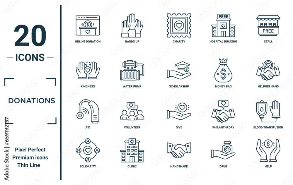 Vetor de donations linear icon set. includes thin line online donation ...