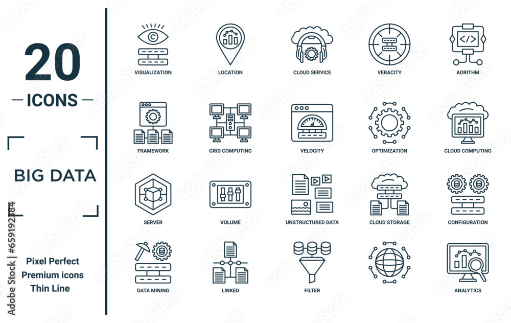 big data linear icon set. includes thin line visualization, framework ...