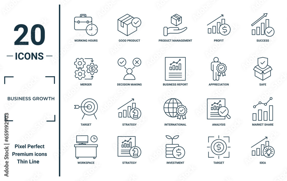 business growth linear icon set. includes thin line working hours ...