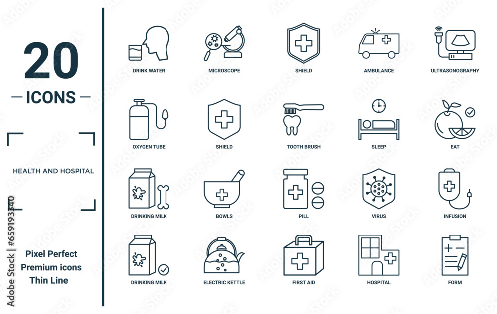 health and hospital linear icon set. includes thin line drink water ...