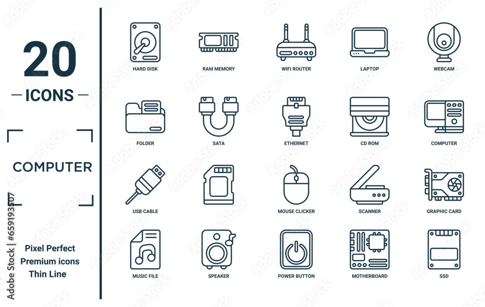 computer linear icon set. includes thin line hard disk, folder, usb cable, music file, ssd ...
