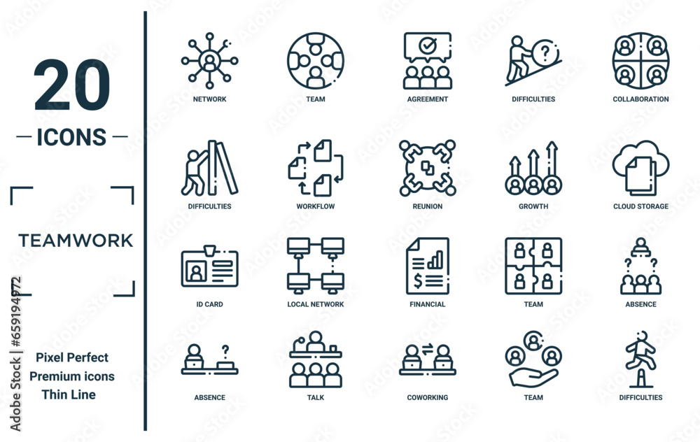 teamwork linear icon set. includes thin line network, difficulties, id ...