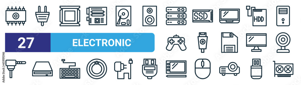 set of 27 outline web electronic icons such as ram, plug in, cpu, ssd, usb, hdd, pen tablet, gpu ...