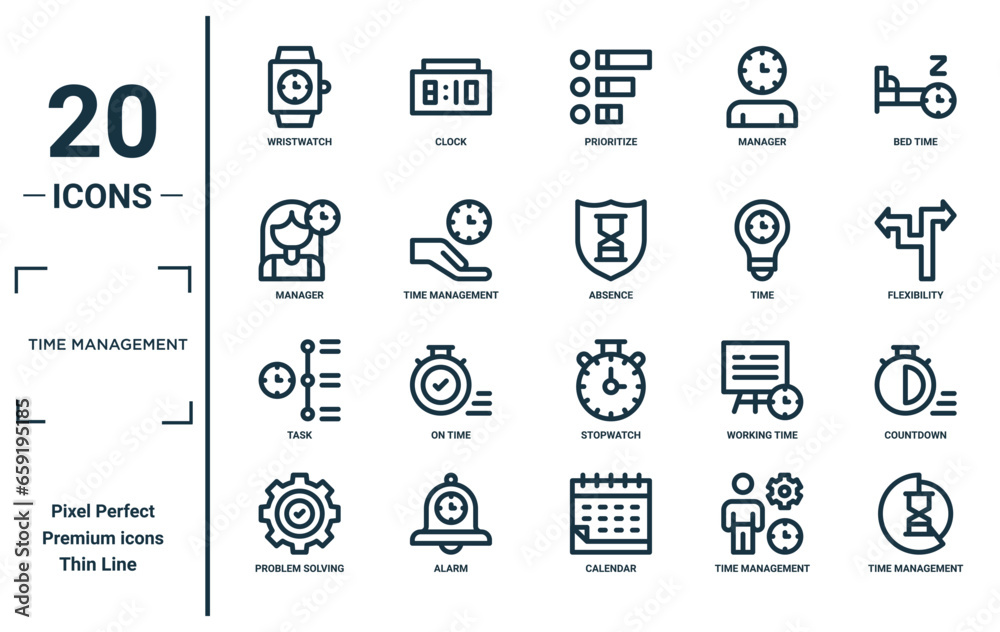 time management linear icon set. includes thin line wristwatch, manager ...