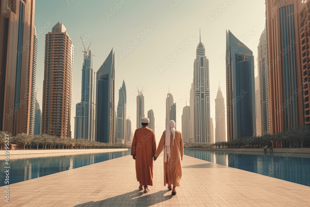 Two Arabs dressed in traditional Arab clothes are walking along the ...