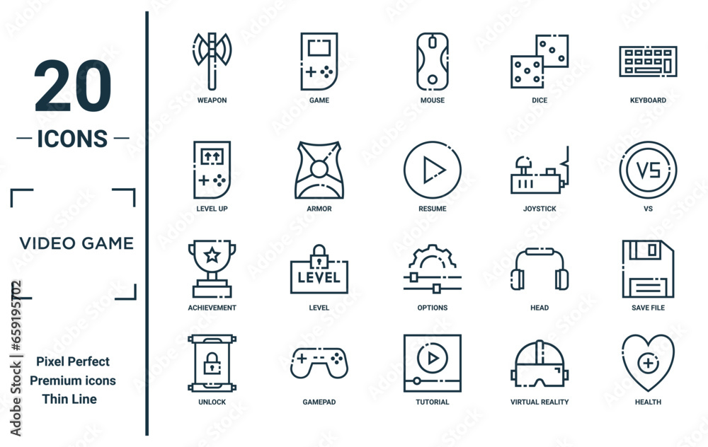 Vetor de video game linear icon set. includes thin line weapon, level up, achievement, unlock ...