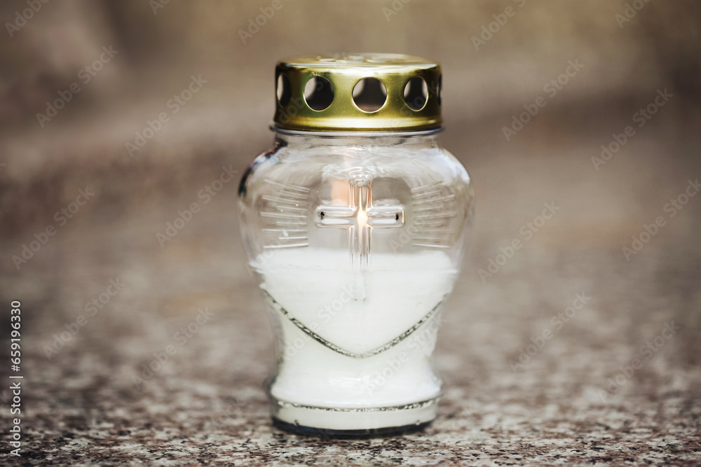 Catholic cemetery background. All saints holiday. Grave candle light ...