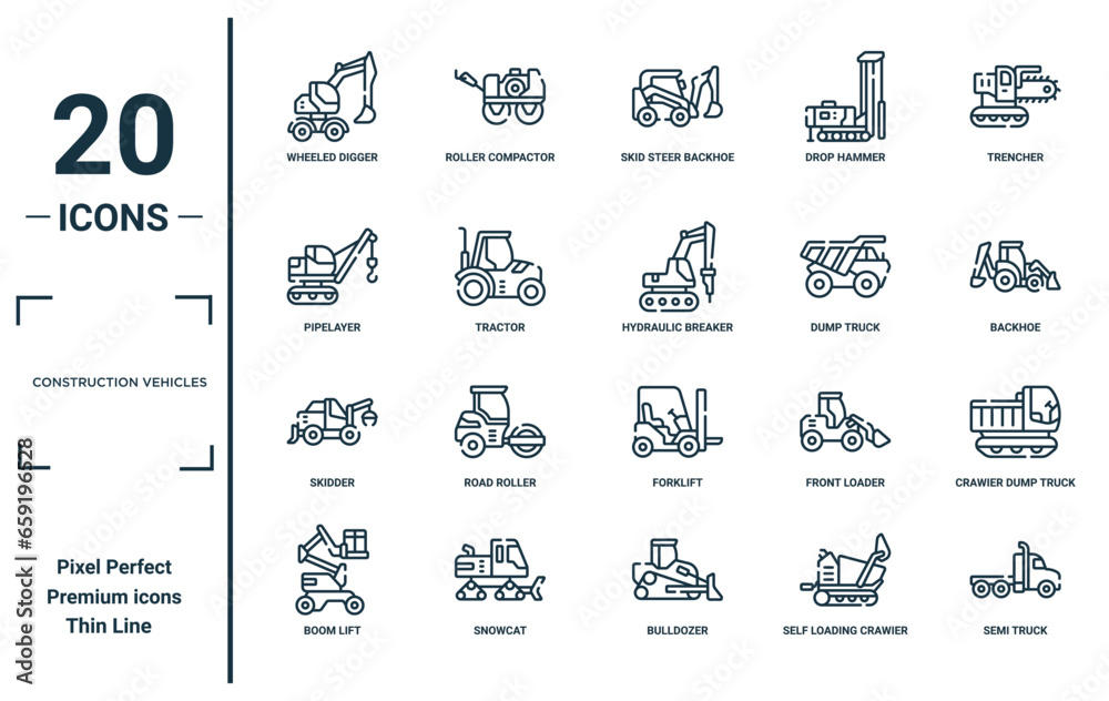 construction vehicles linear icon set. includes thin line wheeled ...