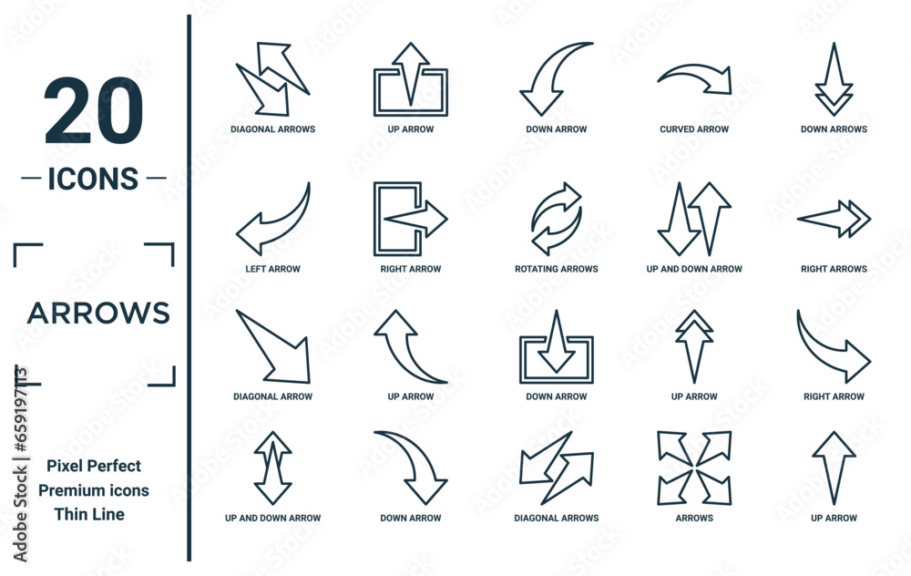 arrows linear icon set. includes thin line diagonal arrows, left arrow ...