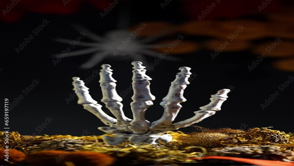 Halloween scene. Skeleton arm sticking out of moss on fall background ...