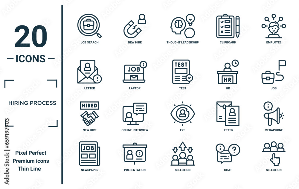 Vetor do Stock: hiring process linear icon set. includes thin line job ...