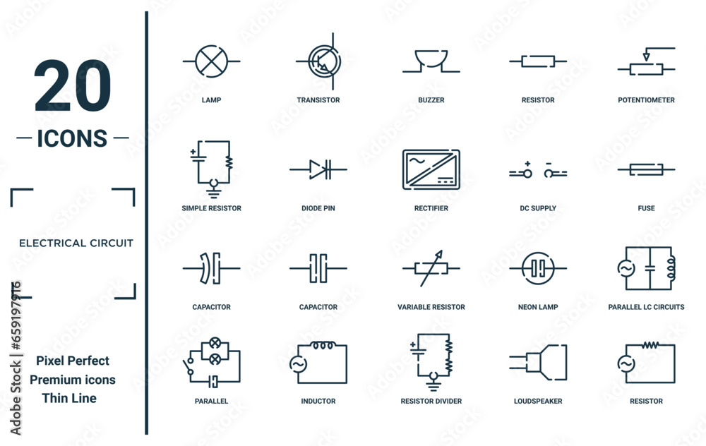 electrical circuit linear icon set. includes thin line lamp, simple ...