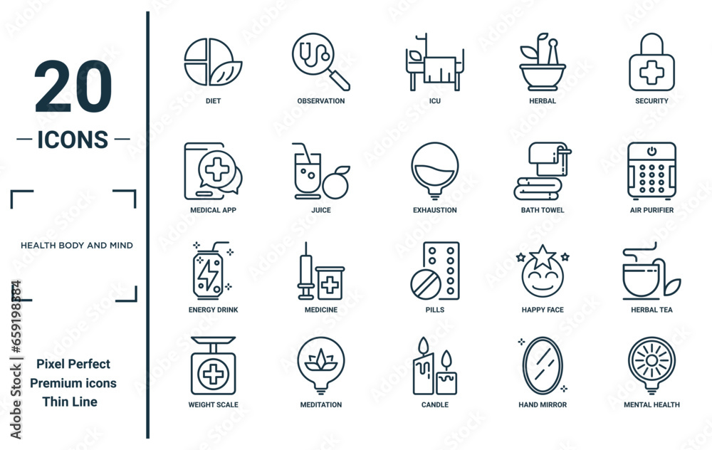 health body and mind linear icon set. includes thin line diet, medical ...