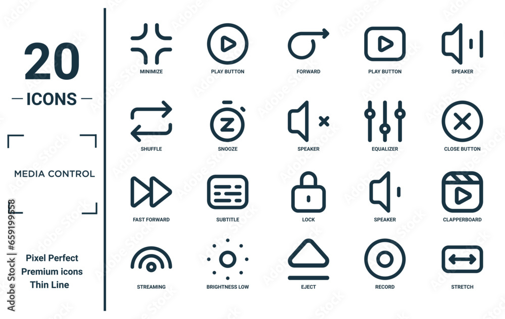 media control linear icon set. includes thin line minimize, shuffle ...
