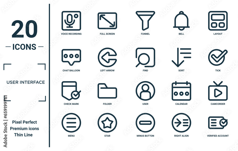 user interface linear icon set. includes thin line voice recording, chat balloon, check mark ...