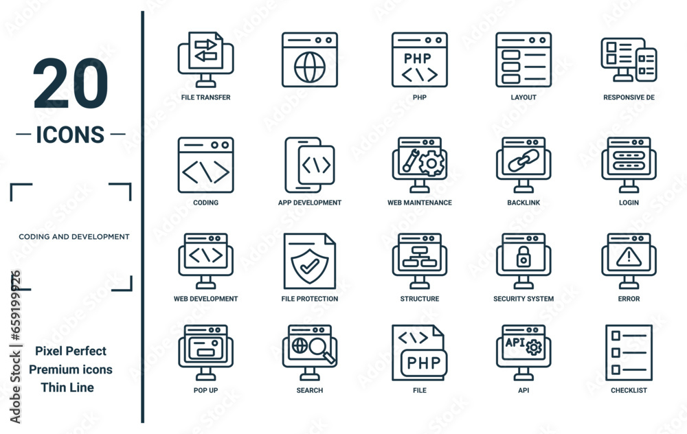 Vecteur Stock coding and development linear icon set. includes thin line file transfer, coding ...