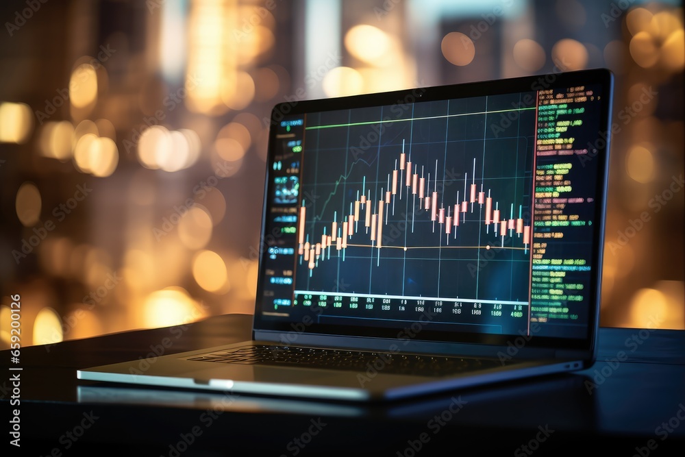 Futuristic scene with a projection of a trading chart on a tablet ...