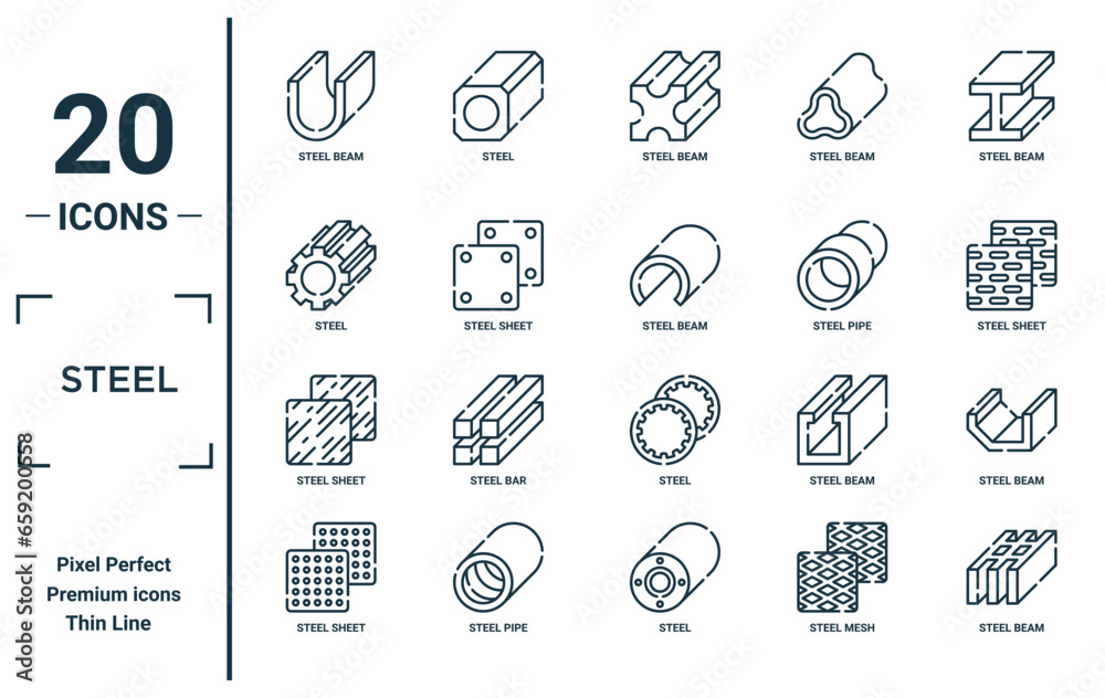 steel linear icon set. includes thin line steel beam, steel, sheet ...
