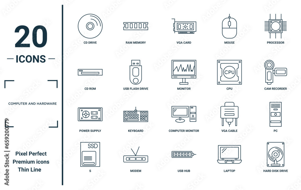 computer and hardware linear icon set. includes thin line cd drive, cd ...