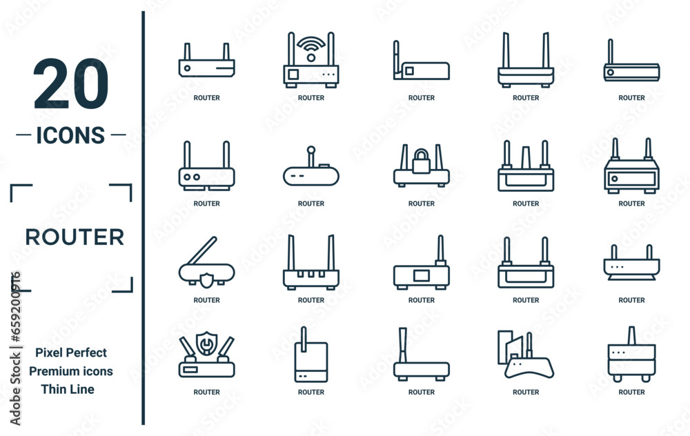 router linear icon set. includes thin line router, router, icons for ...