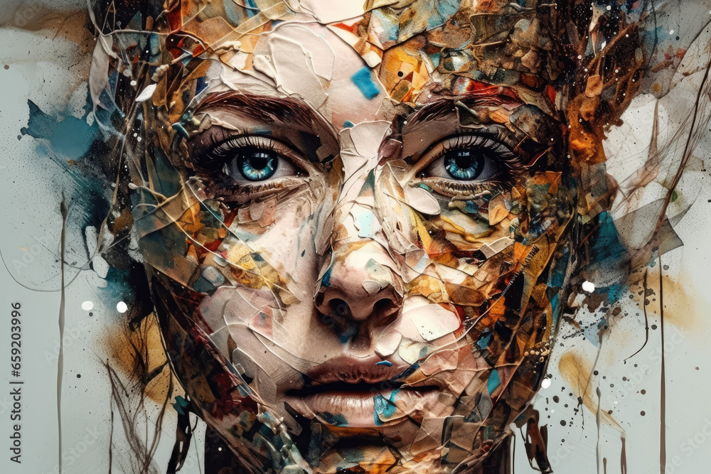 An abstract representation of a woman's face crafted from paper pieces ...