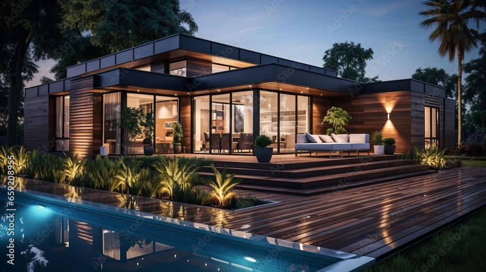 Modern villa decorated with wooden planks cladding. Generative AI Stock ...