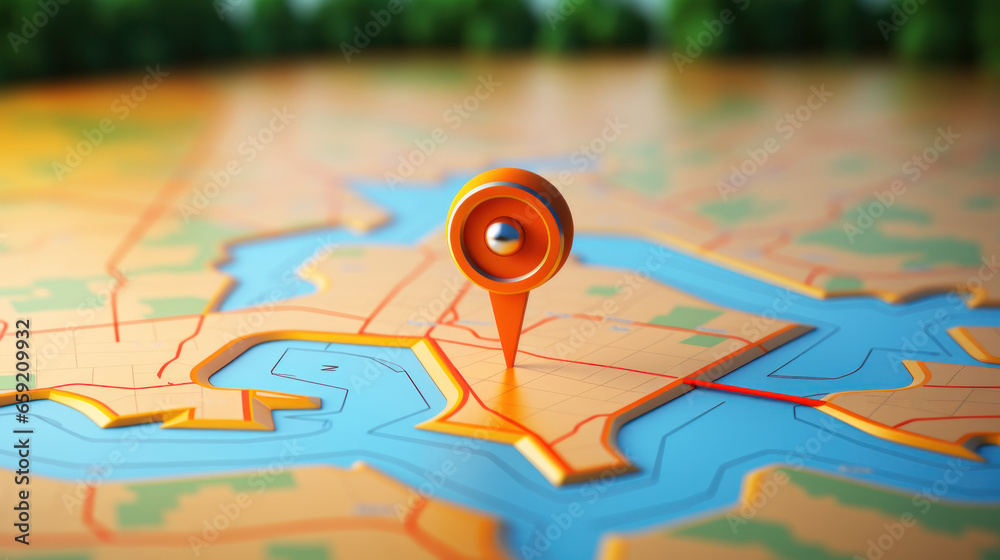 Smartphone with map, 3D Map pins, GPS, navigator pin checking points ...