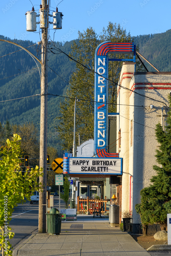 North Bend, WA, USA - October 8, 2023; Sidewalk view of classic North ...