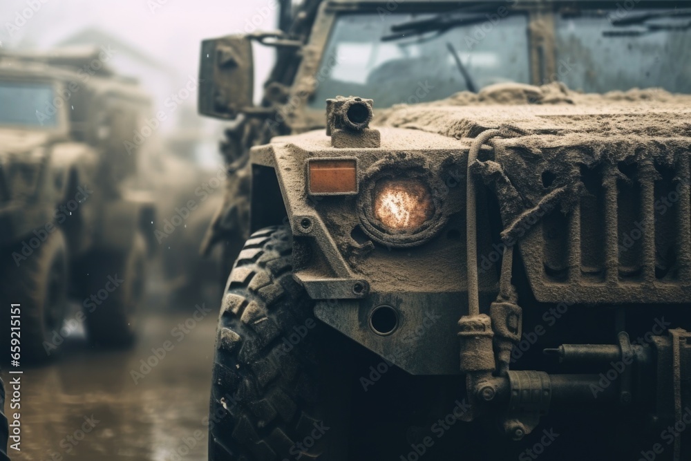 Closeup of a military vehicle, covered in dust and equipped with heavy ...