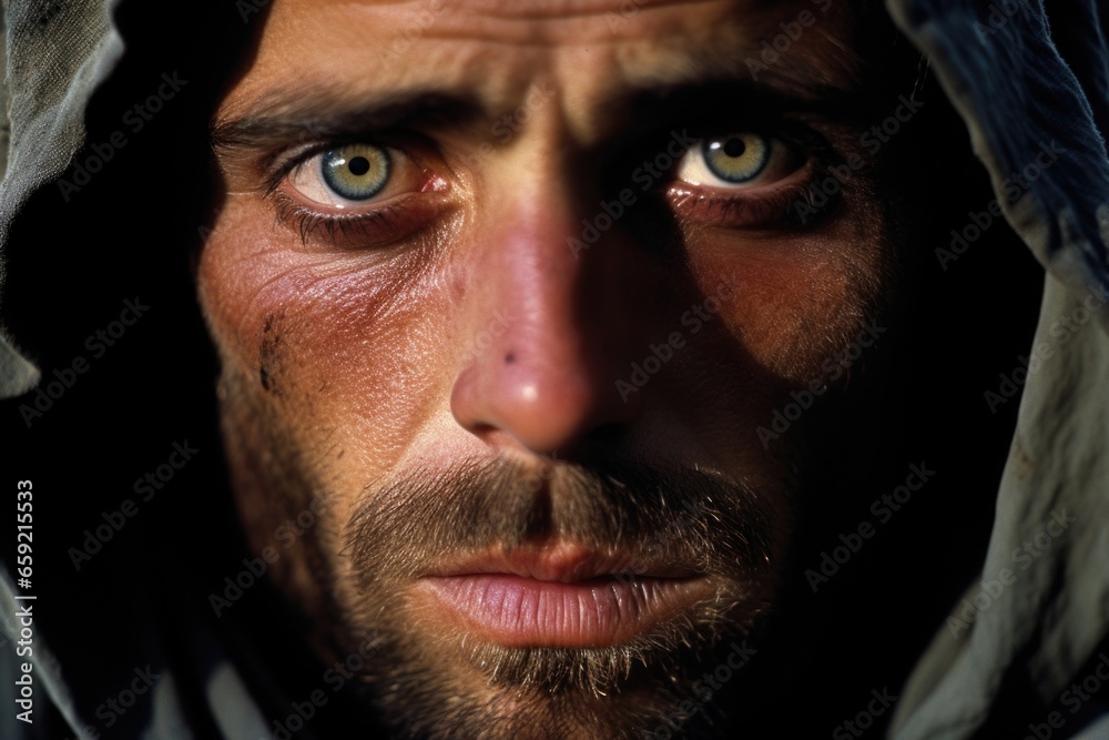 Closeup of a hostages face, expressionless and numb from the trauma of ...