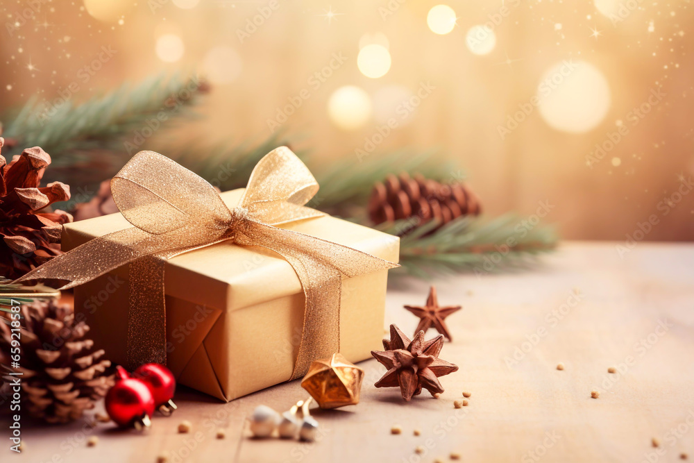 Golden Christmas gift box wrapped in a golden glitter bow with baubles ...