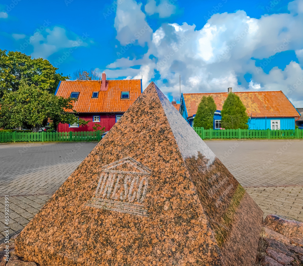 01 10 2023 - Nida, Lithuania. UNESCO logo on the monument to the United ...