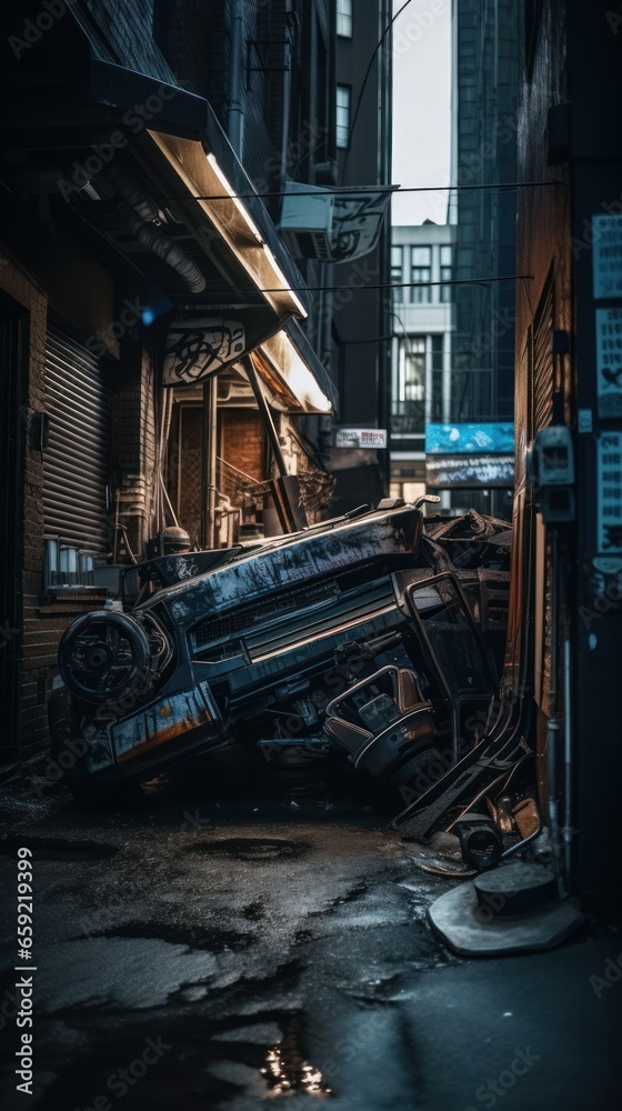 A sad broken down robot in a back alley in a futuristic cyberpunk city ...